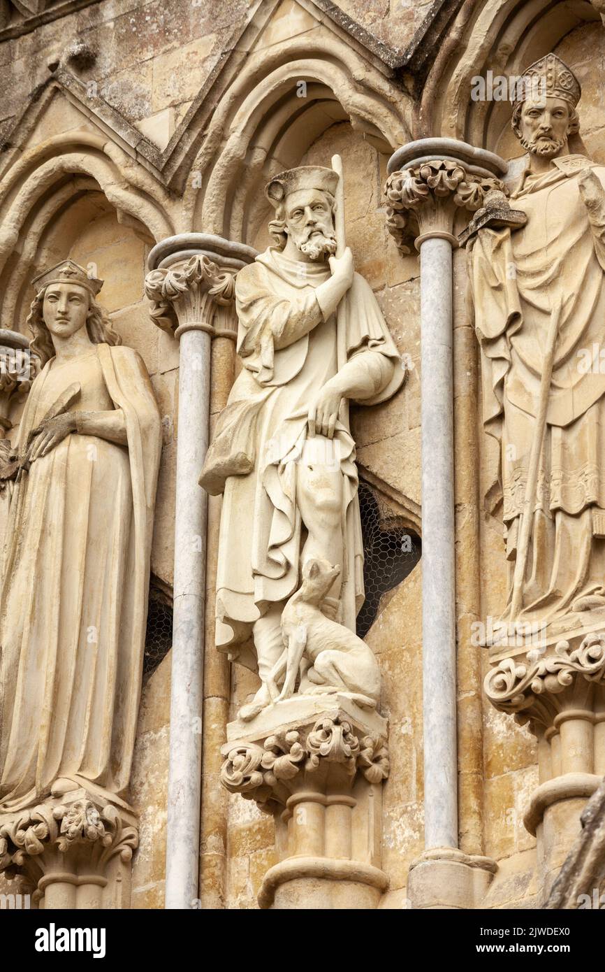 Close up of St Roche statue on Salisbury Cathedral West Front ...
