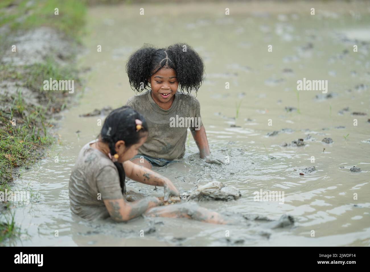 Group of kids playing on muck in the raining day Stock Photo - Alamy