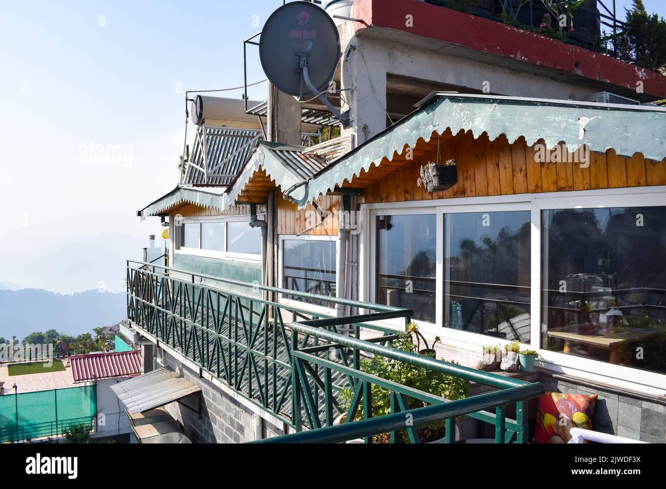 Early morning view of Modern rooftop restaurant at Kasauli, Himachal ...