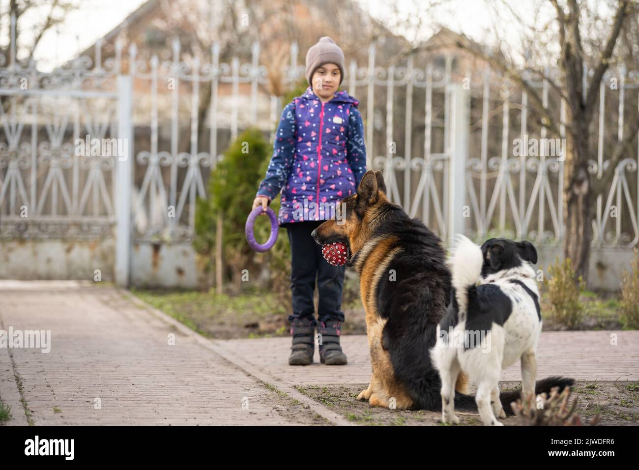 poor little girl with a dog in village Stock Photo - Alamy