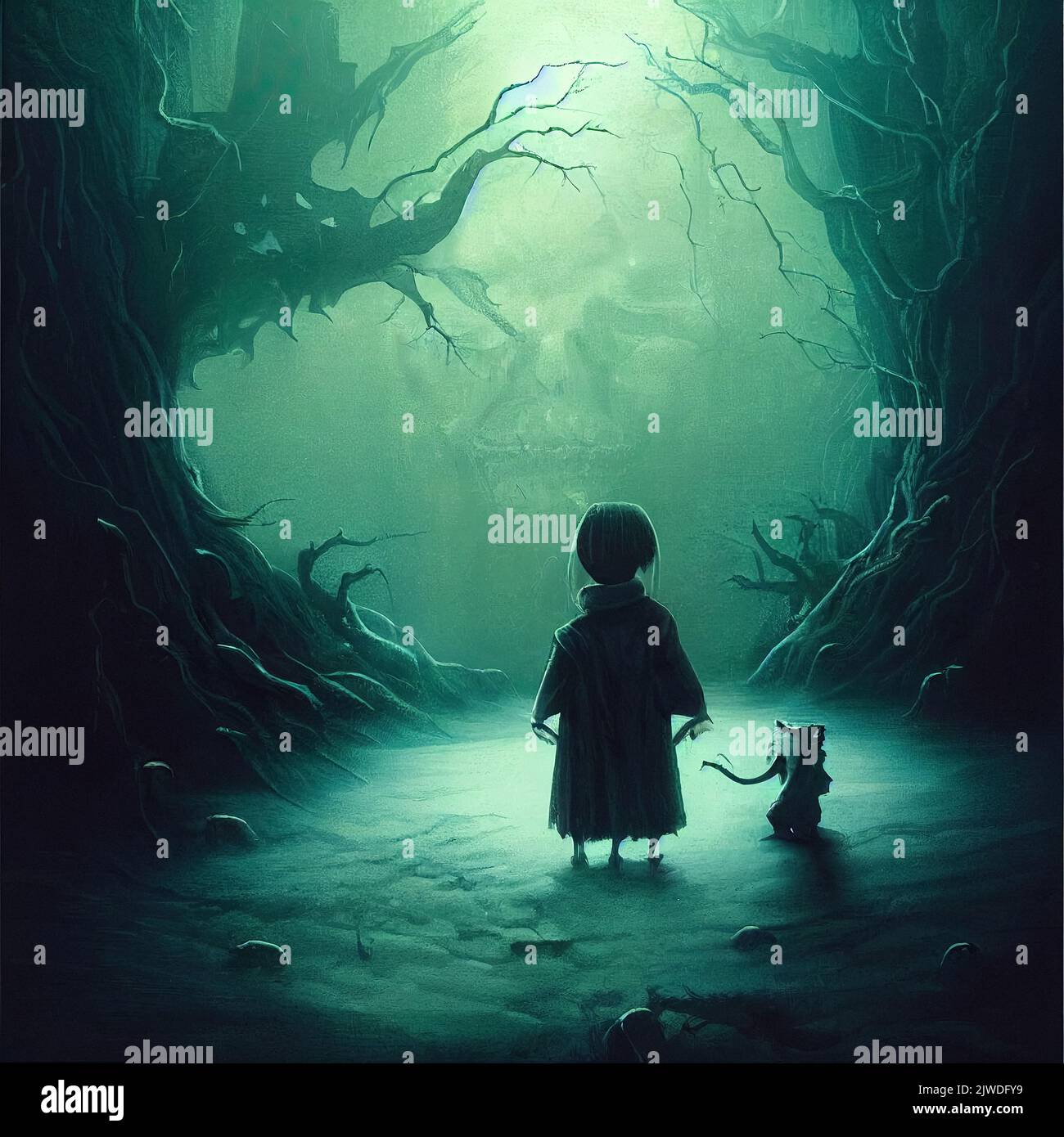 The child's ghost in the dark enchanted forest with a bright green glow ...