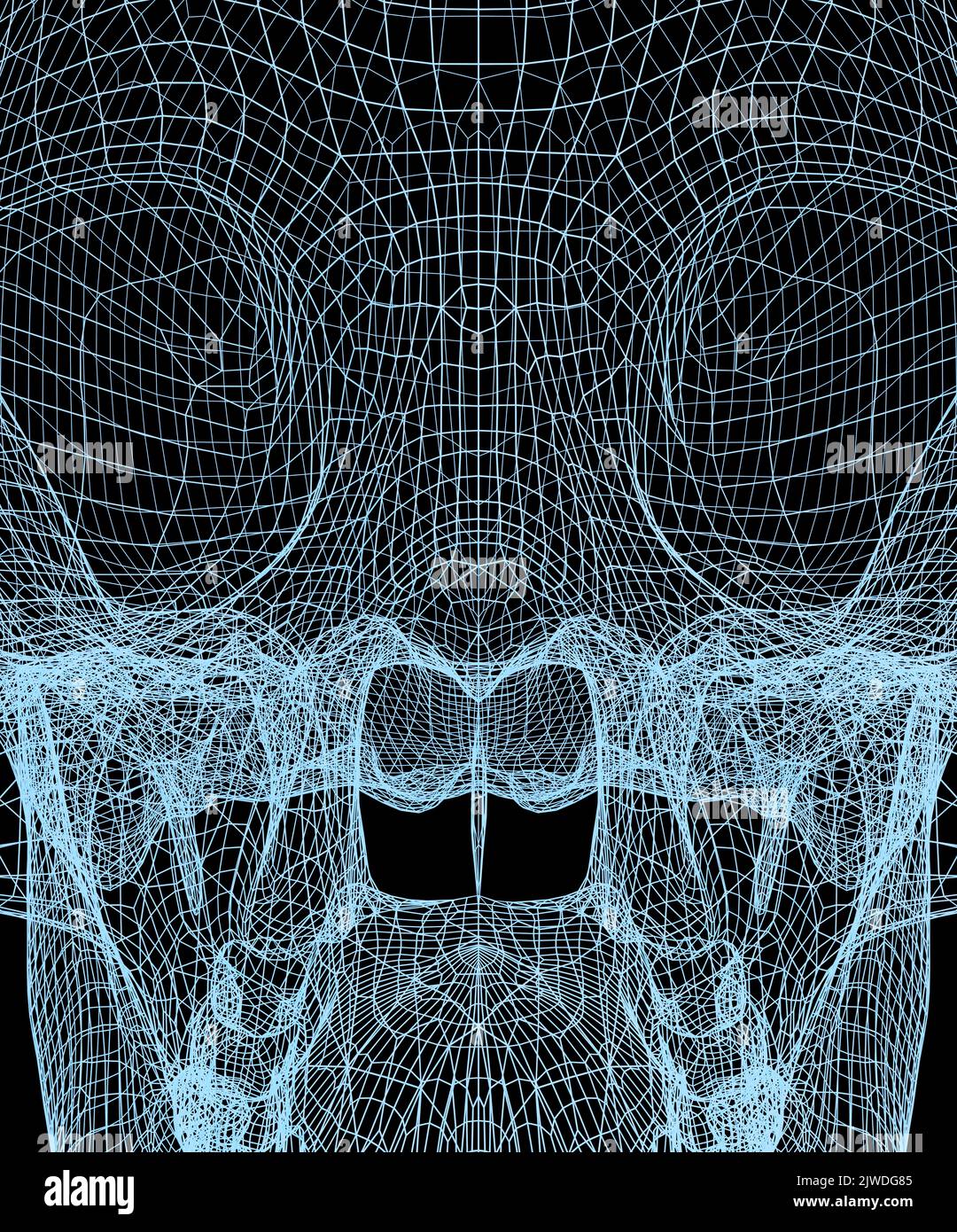 Abstract geometric mesh of a human skull close-up. Blue grid on a black ...