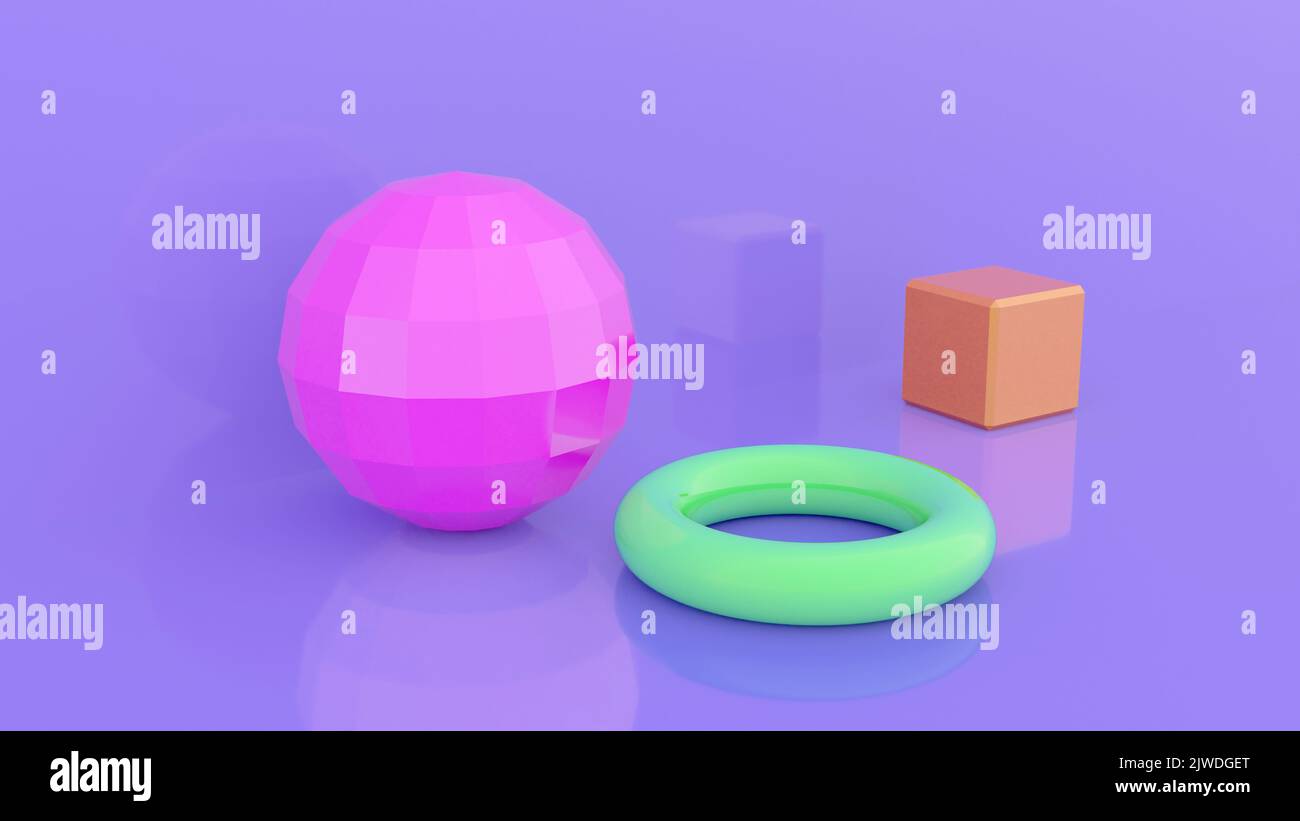 Geometric bodies in a blue interior. Pink sphere, green torus, yellow cube lying on the surface ...