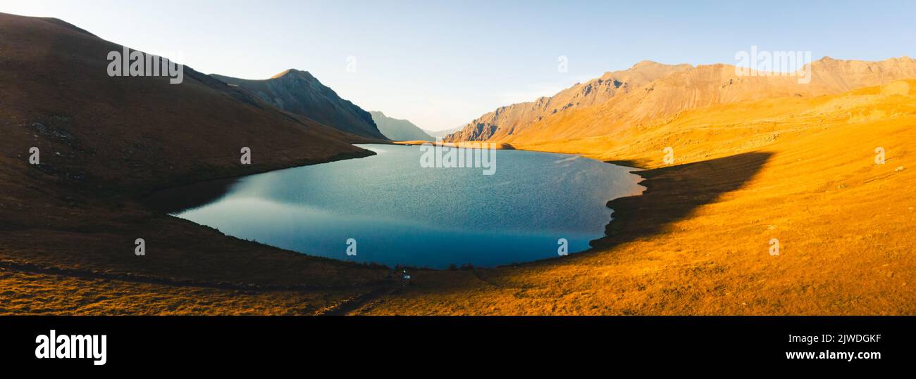 Aerial panorama close up blue Black rock lake panorama in scenic ...