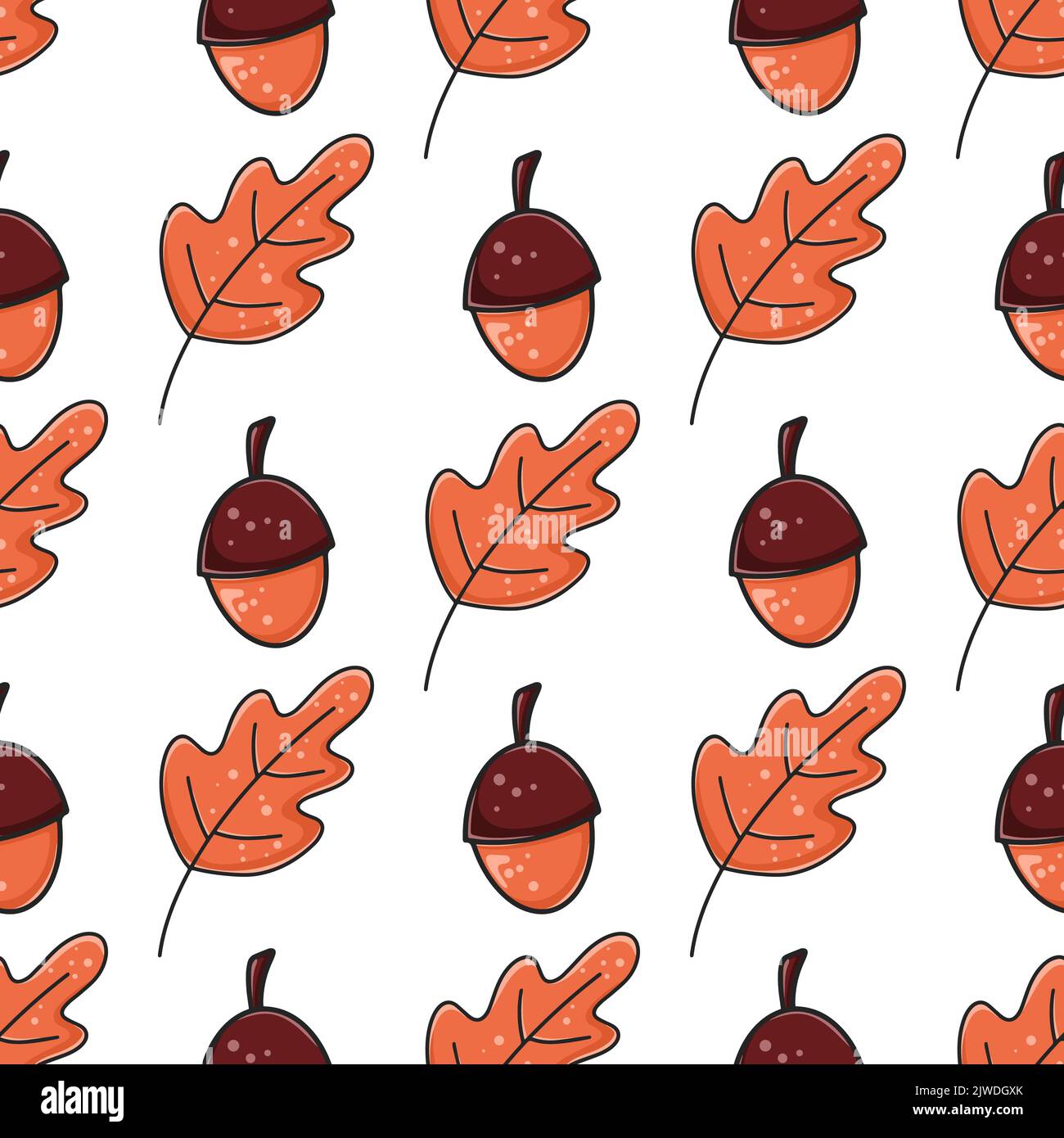 Acorns and acorn leaves seamless autumn pattern vector illustration. Background with falling ...