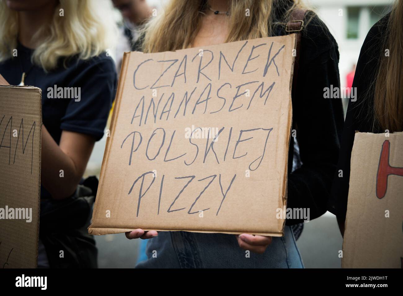A student holds a sign with the words 'Czarnek is the pineapple of ...