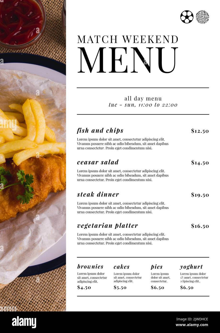 Composition of match weekend menu text over menu options and fish with ...