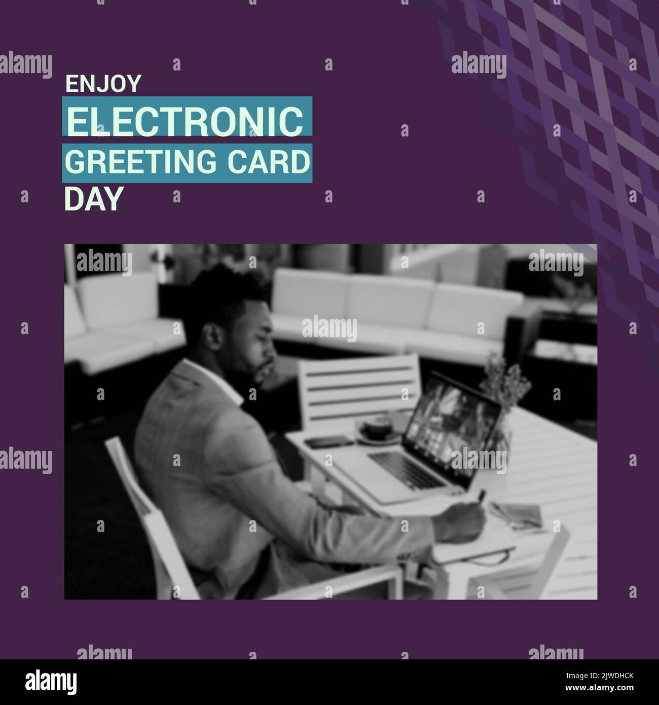 Composition of enjoy electronic greeting card day text over businessman ...