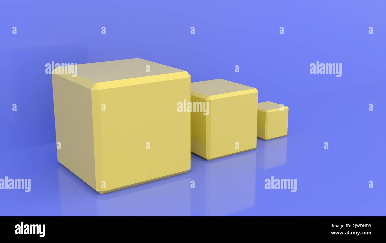 Yellow geometric bodies in a blue interior. Yellow cubes lined up in ...