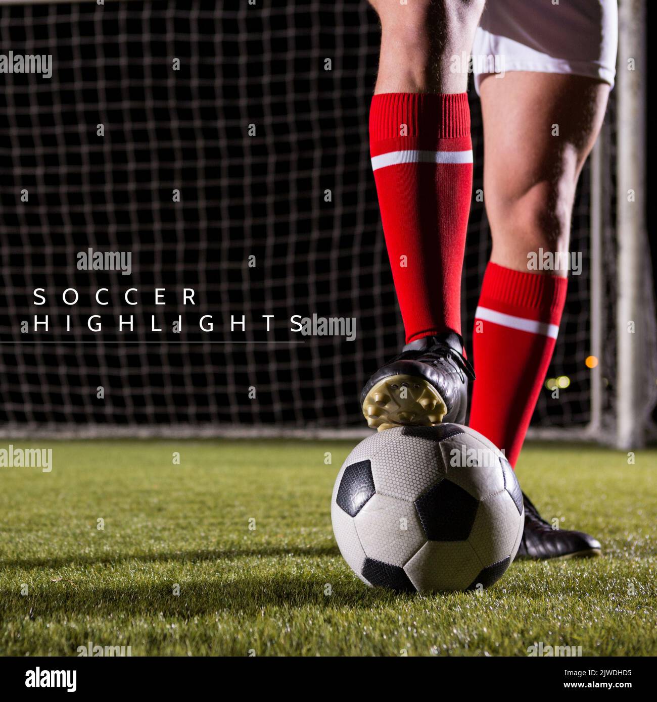 Composition of soccer highlights text over caucasian soccer player ...