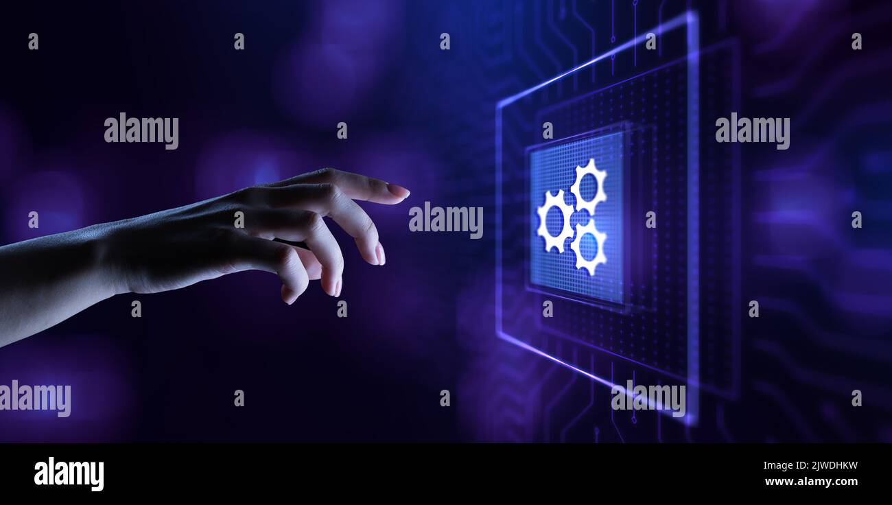 Gears mechanism on virtual screen. Automation and business process flow ...