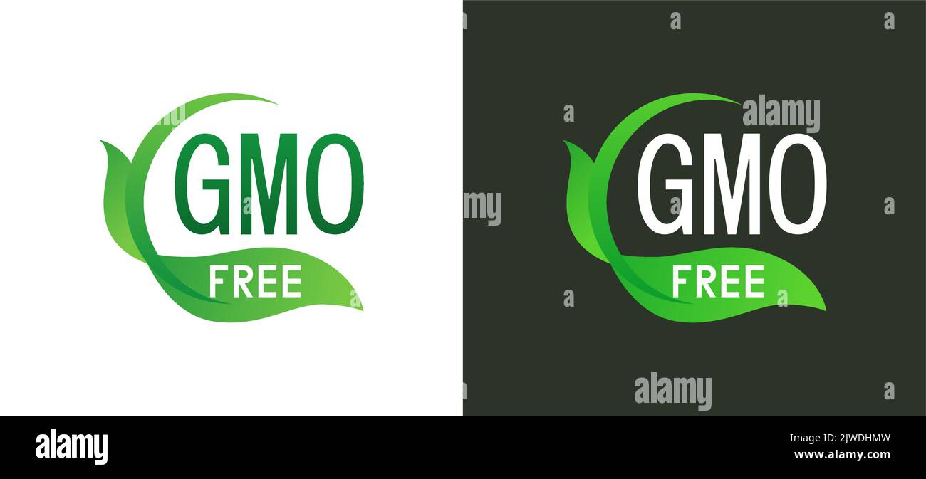 GMO Free vector Seal illustration. Round Label with Green Leaves for Advertising of Eco and ...