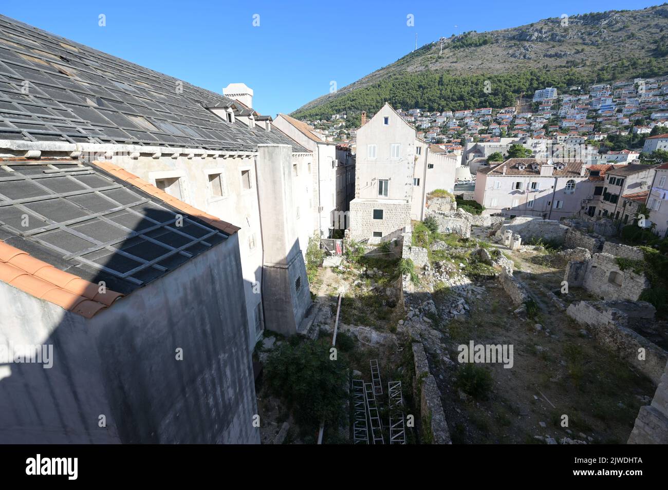 Bomb damage from the war in Bosnia (1992-1995) at the old walled town ...