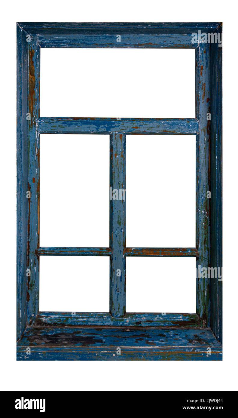 old window frame with remnants of blue paint isolated on white ...