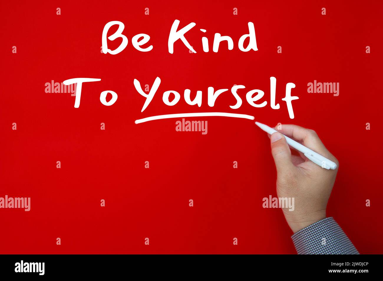 Inspirational quote - Be kind to yourself text on red cover background ...