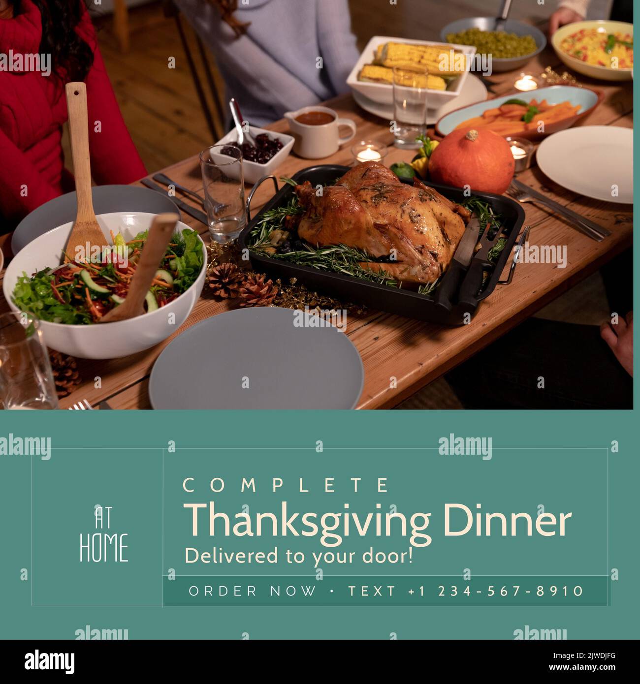 Composition of thanksgiving dinner text over family having dinner Stock ...