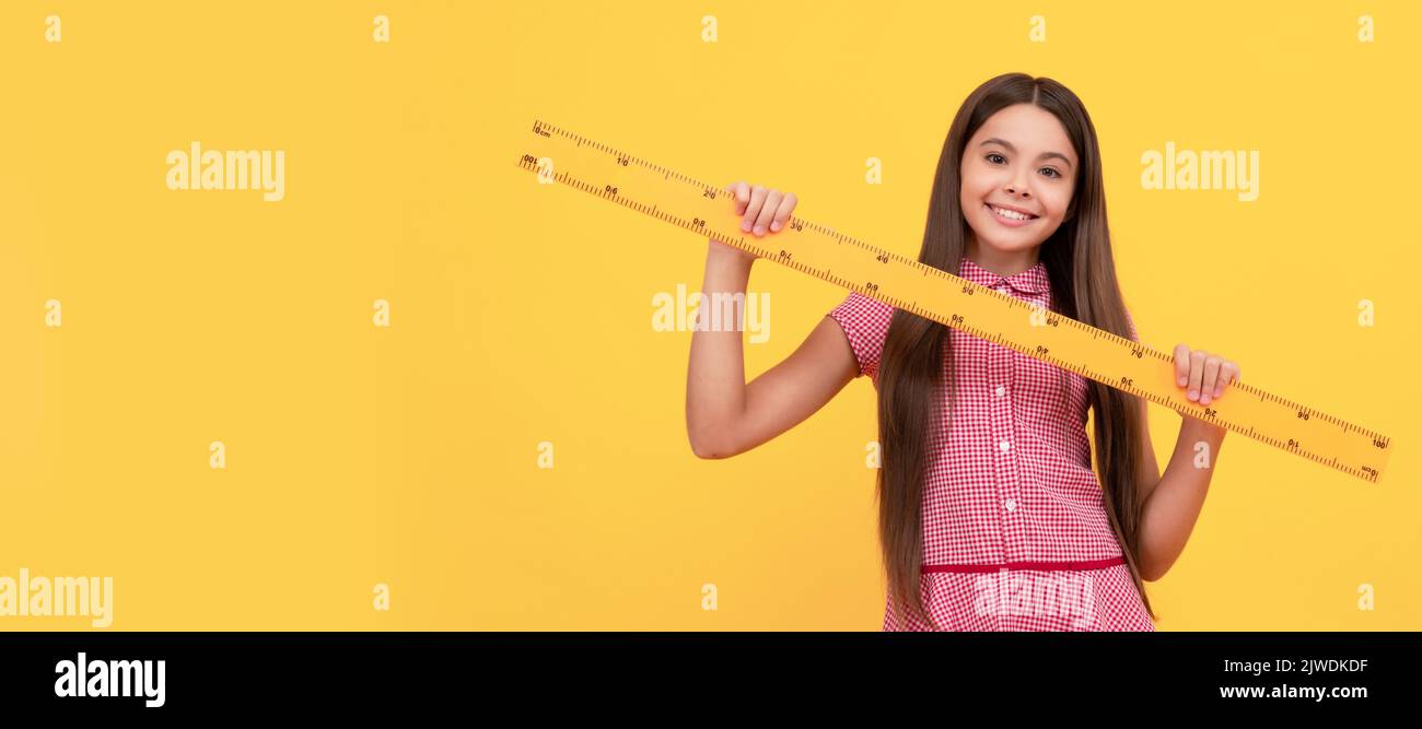 happy teen girl study math in school hold ruler, education. Banner of ...