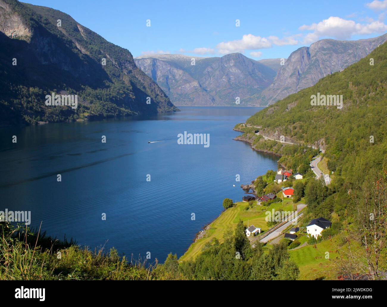 Views across the water in Aurlandsfjord from paths near Flam in Norway ...