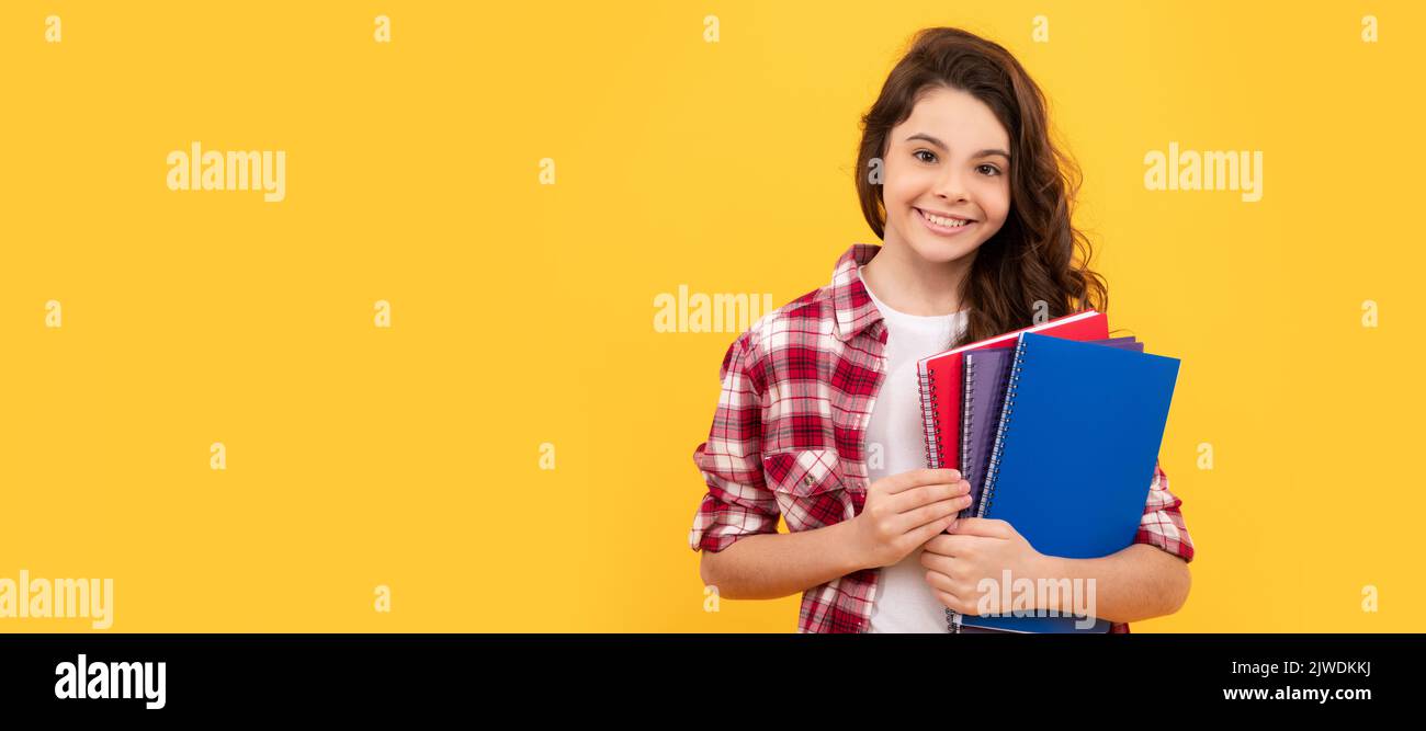 smiling school child ready to study with copybooks, knowledge. Banner ...