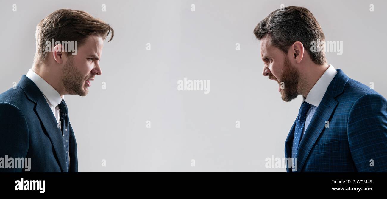 Man face portrait, banner with copy space. disagreed men partners ...