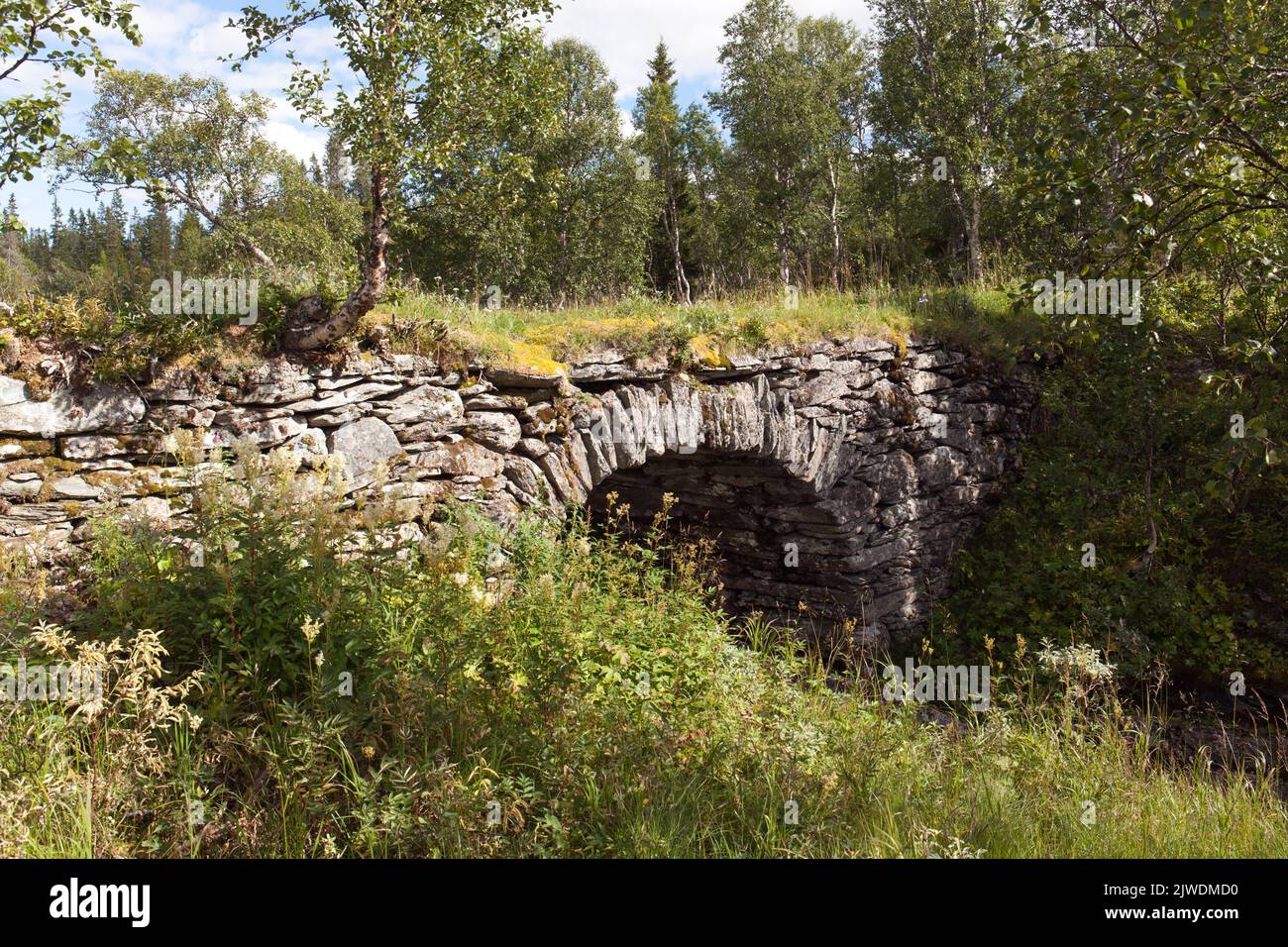 Stone arch bridge on the Pilgrim´s trail St. Olavsleden between Duved ...