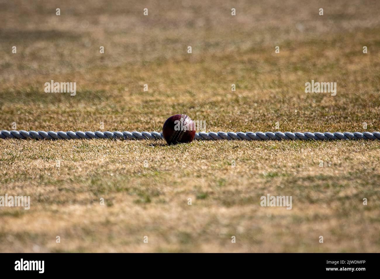 a cricket ball sitting on the boundary rope in hot dry weather Stock ...