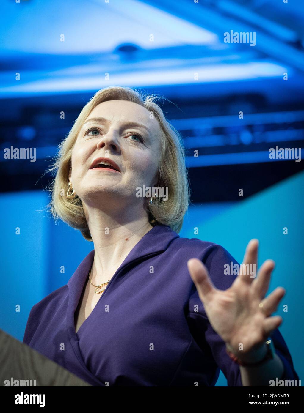 Liz Truss M.P. at the Queen Elizabeth II Centre in London after it was ...