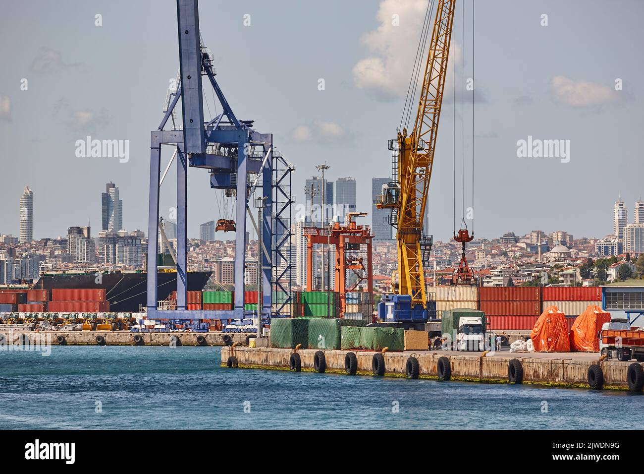 Cranes at comercial seaport. Bosphorus strait in Istanbul. Turkey Stock ...