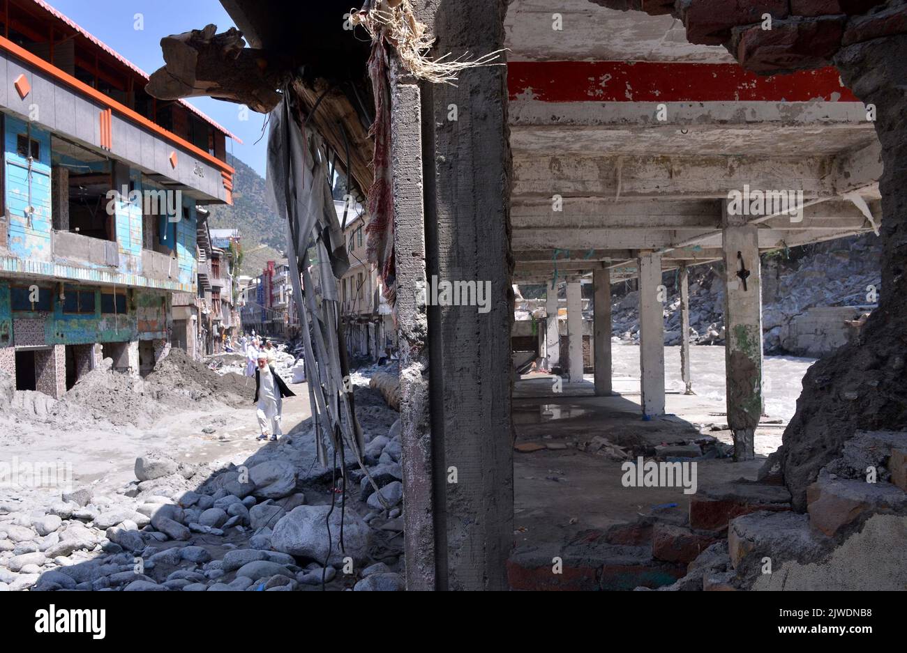 Swat. 5th Sep, 2022. Damaged buildings are seen after flash flood in ...
