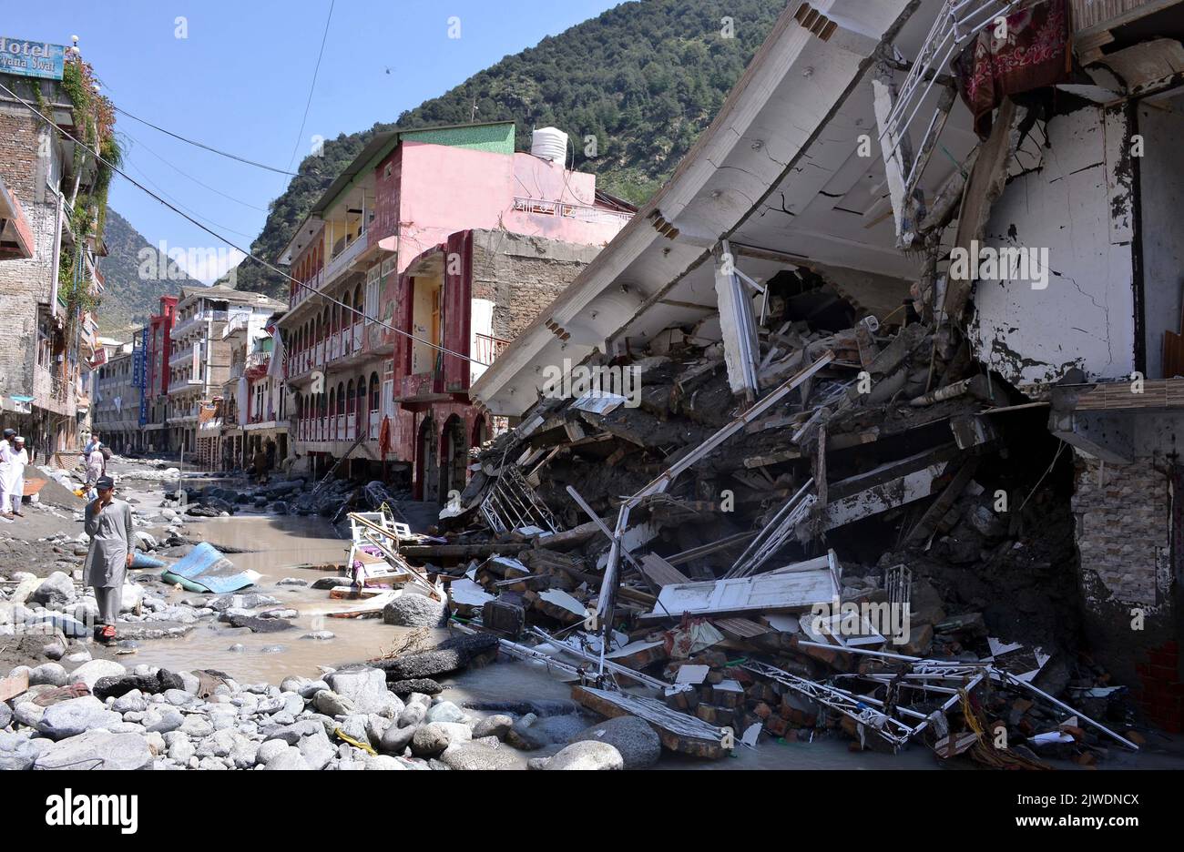 Swat. 5th Sep, 2022. Damaged buildings are seen after flash flood in ...