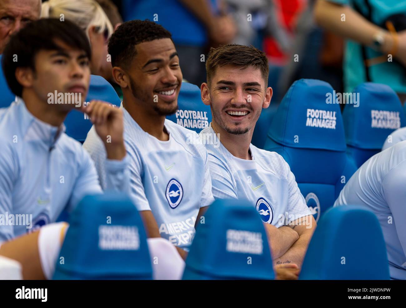 Brighton and Hove Albion's Billy Gilmour (right) on the substitute's ...