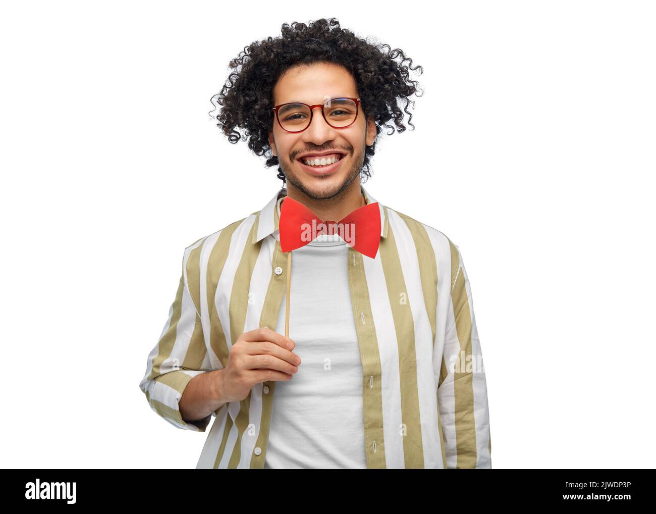 smiling man with red bowtie party props Stock Photo - Alamy