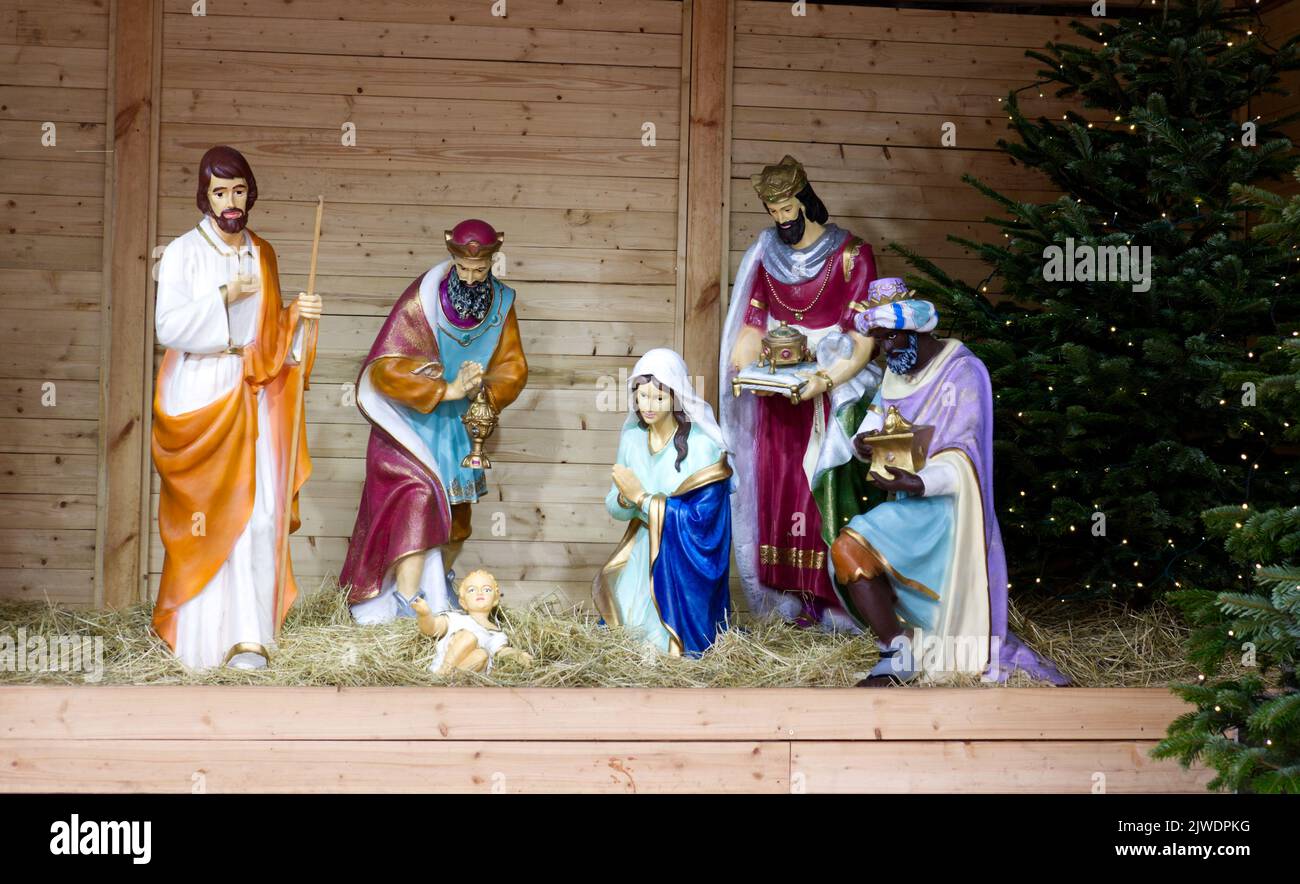 Traditional christmas nativity scene with baby Jesus Christ, Mary ...