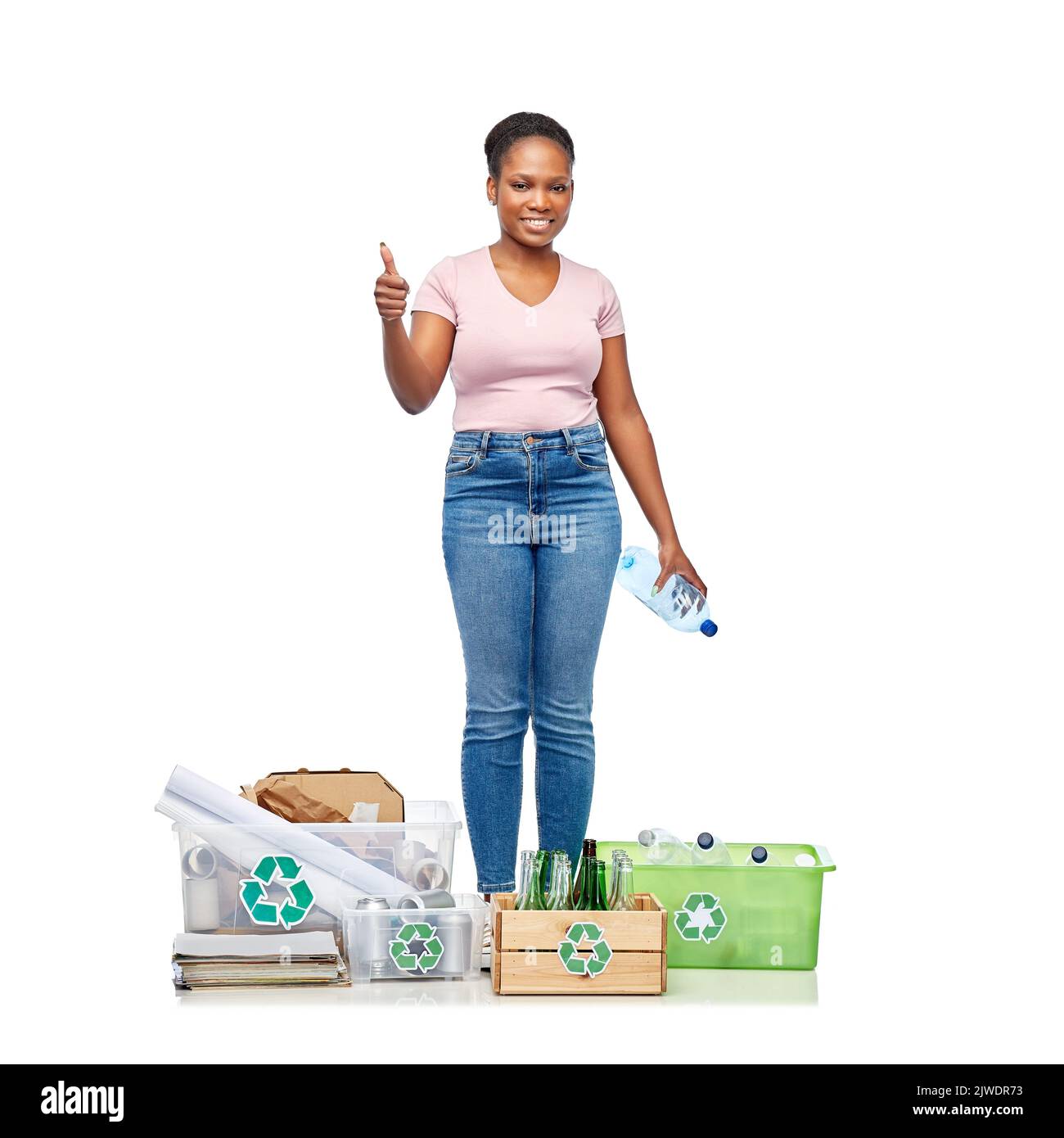 happy woman sorting paper, metal and plastic waste Stock Photo - Alamy