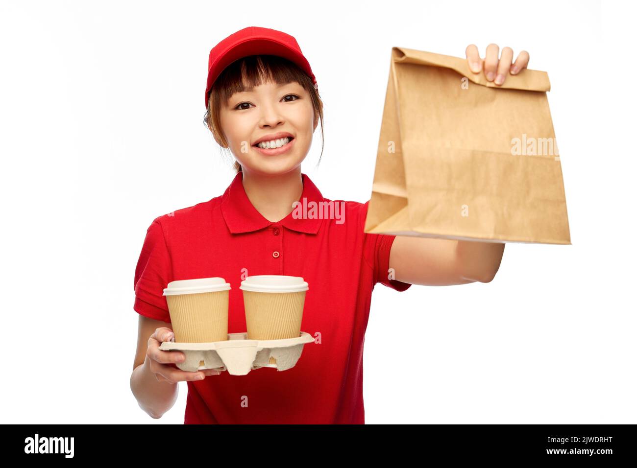delivery woman with takeaway food and drinks Stock Photo - Alamy