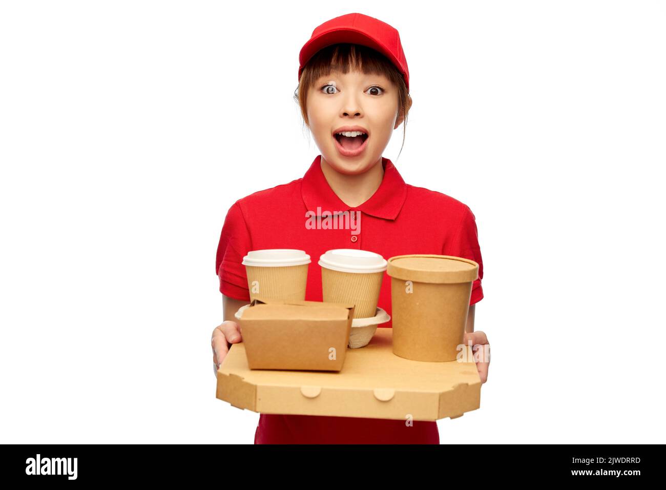 delivery woman with takeaway food and drinks Stock Photo - Alamy
