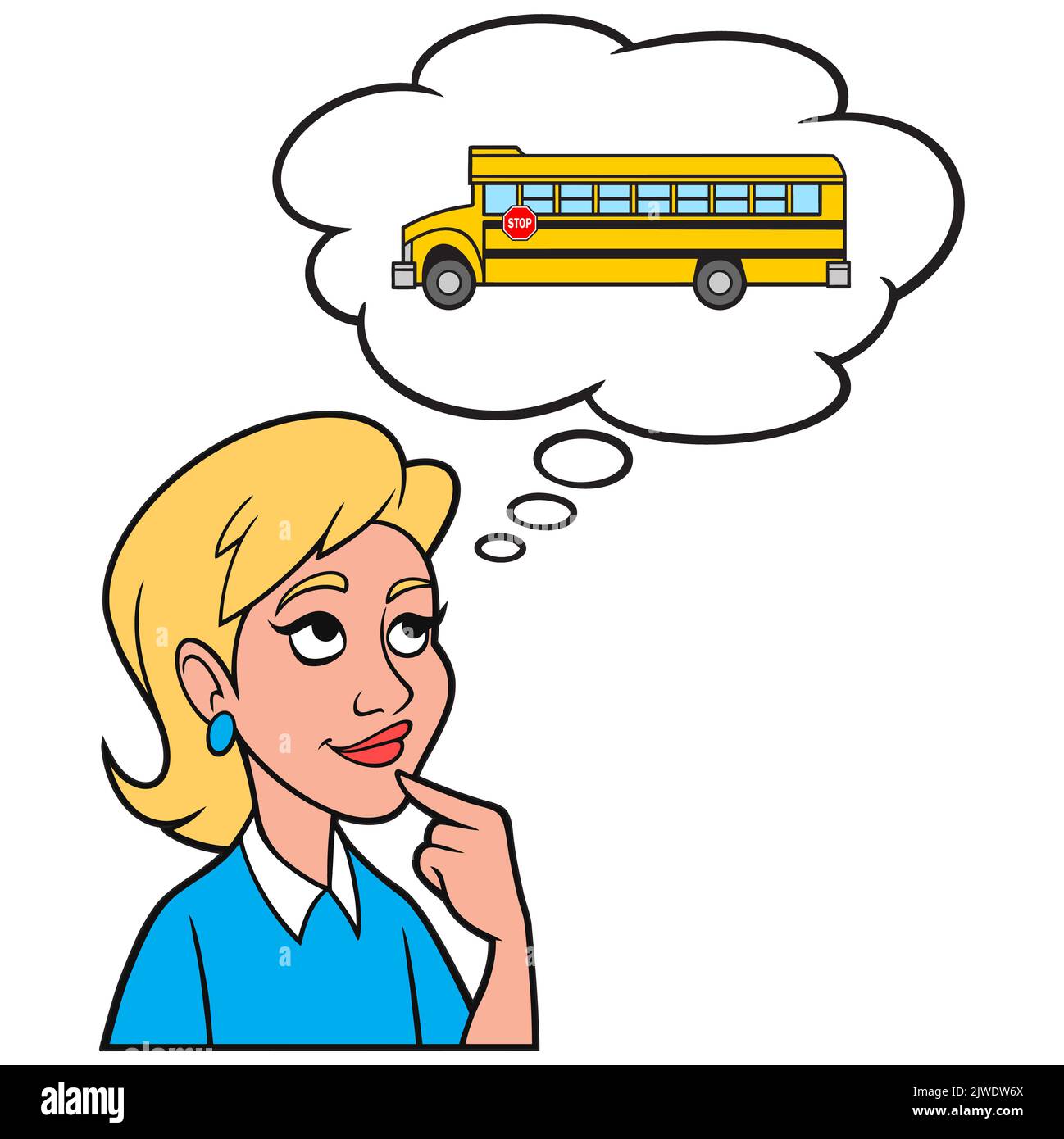 Girl thinking about a School Bus - A cartoon illustration of a Girl ...