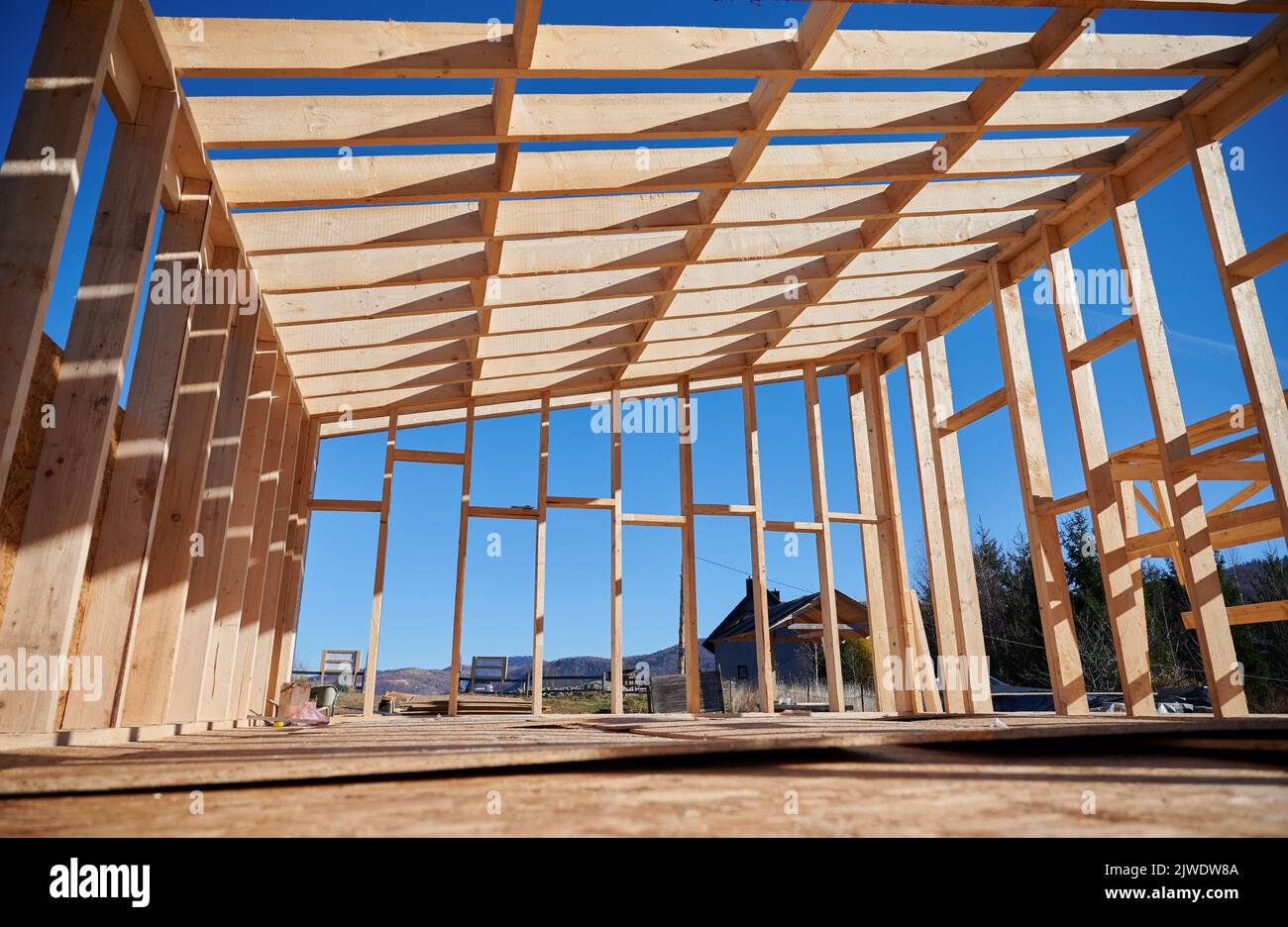 Bottom view of wooden frame house in the Scandinavian style barnhouse ...