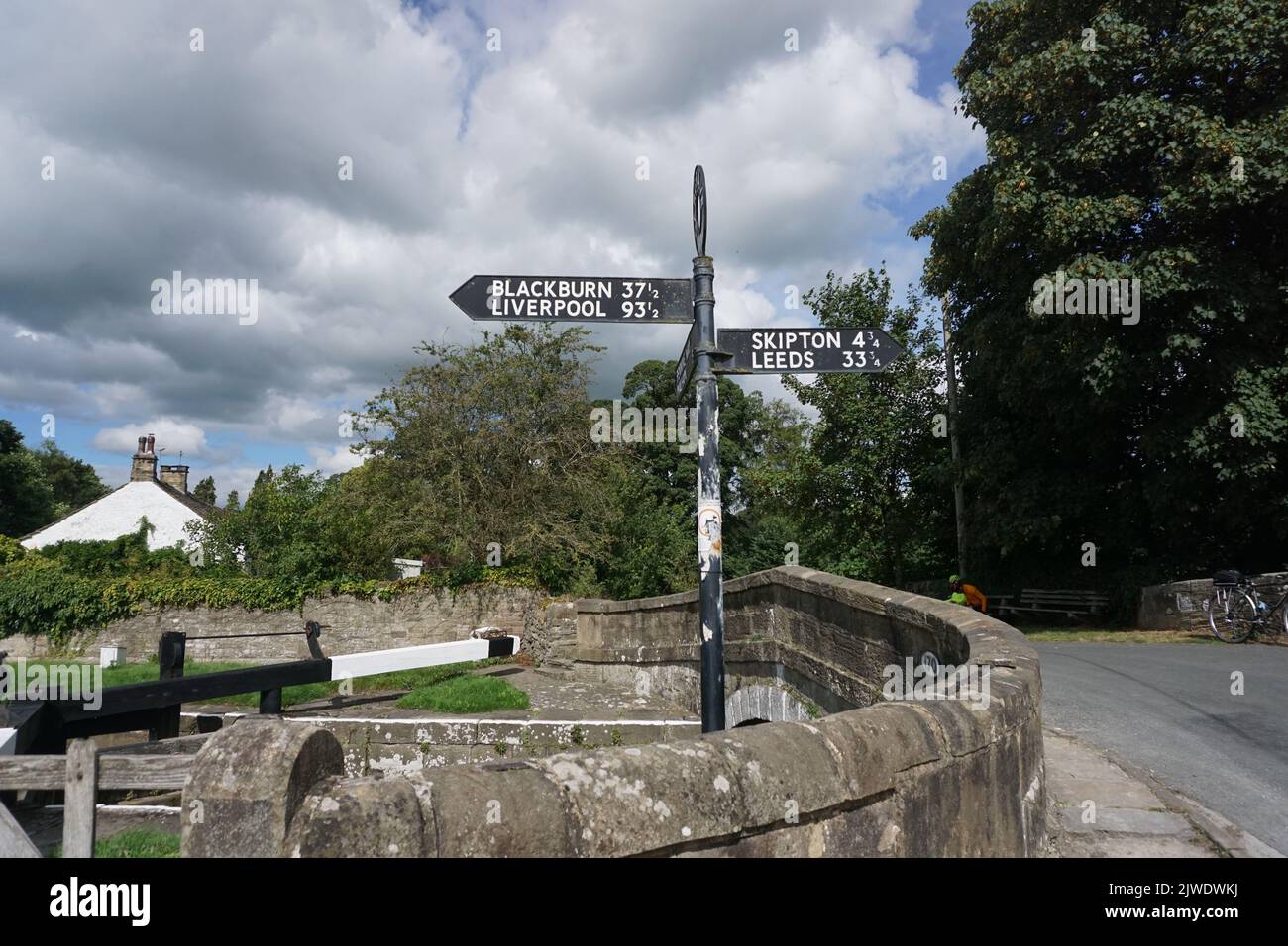 Signpost on footpath of Leeds Liverpool Canal Stock Photo - Alamy