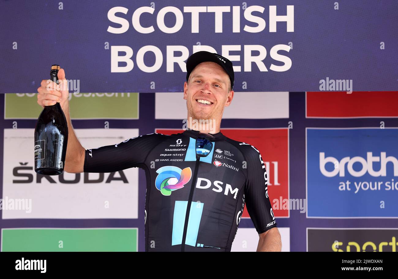 Stage winner Cees Bol of Team DSM on the podium after stage two of the ...