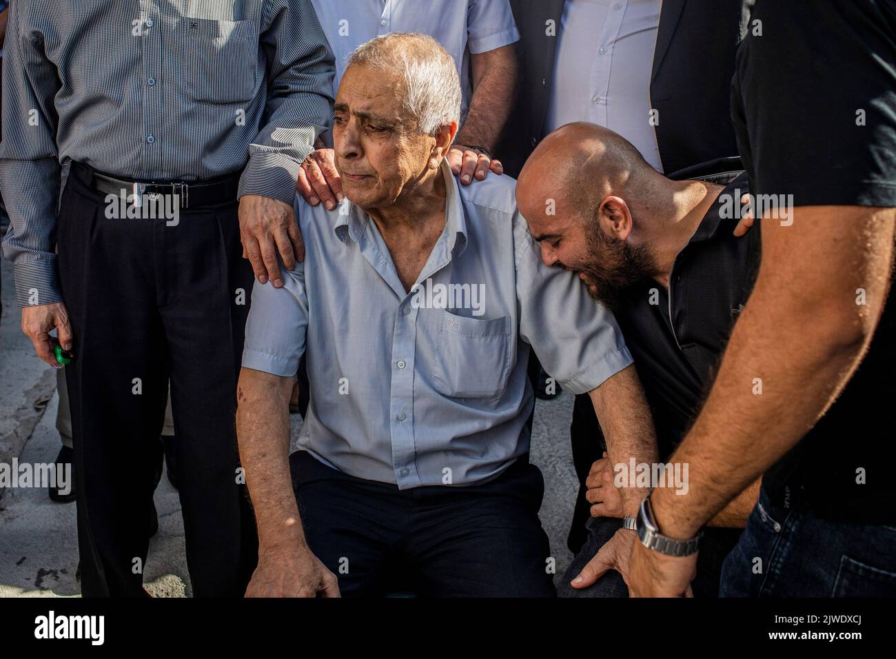 Umm Al Fahm, Israel. 05th Sep, 2022. Relatives mourn during the funeral ...