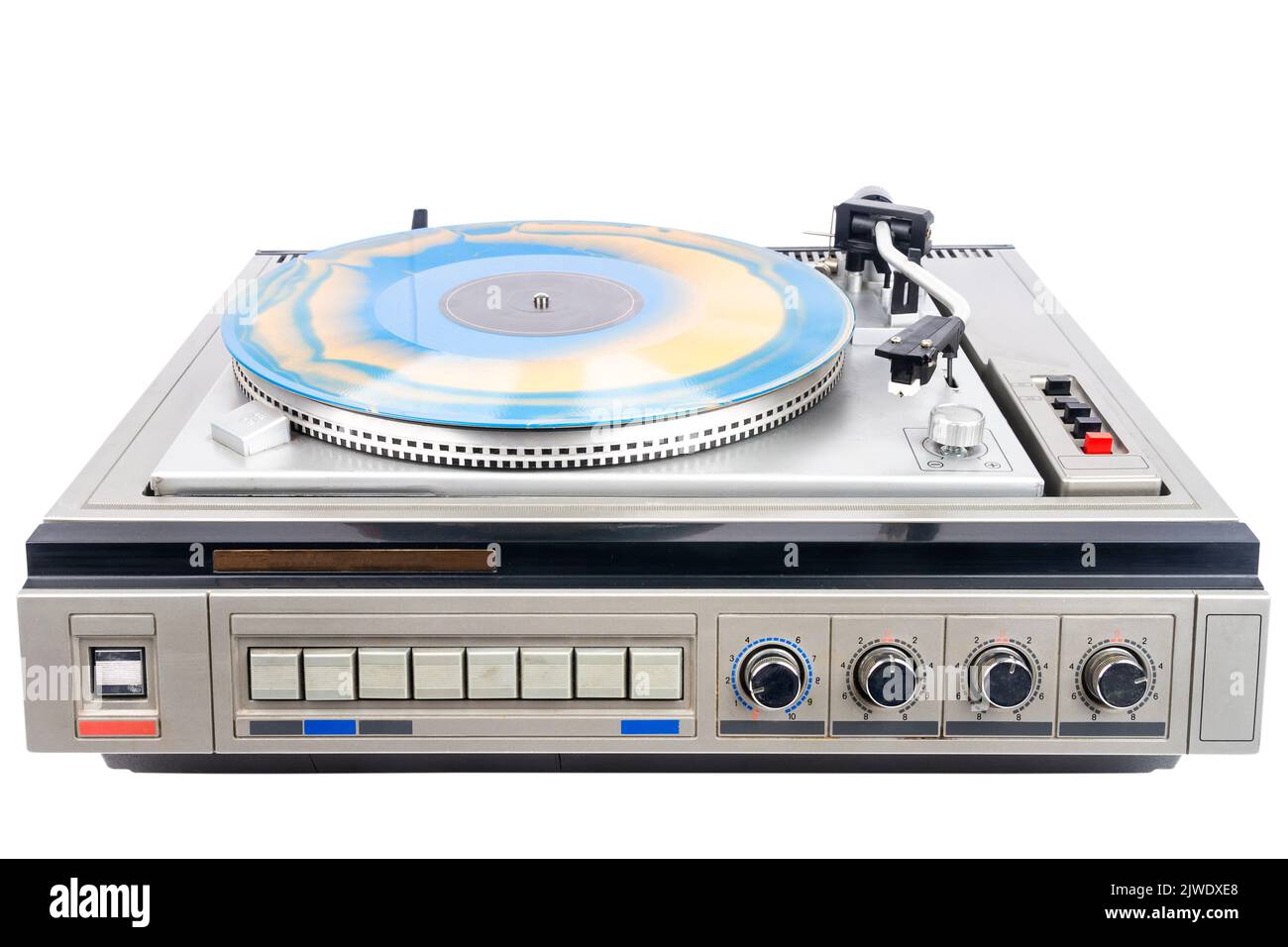 Vintage turntable record player with blue and orange vinyl isolated on ...