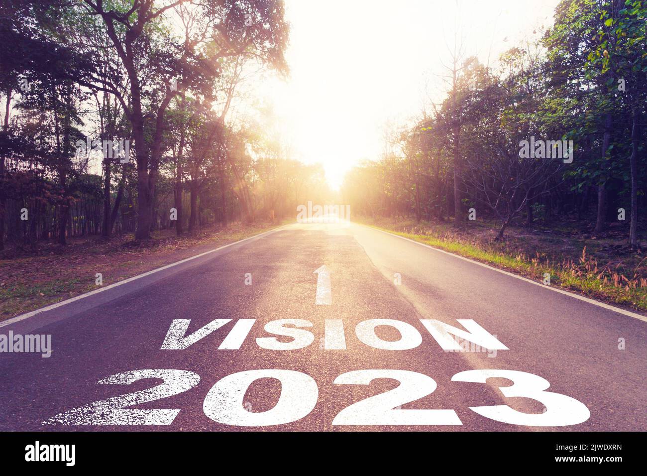 Empty asphalt road and New year 2023 concept. Driving on an empty road ...