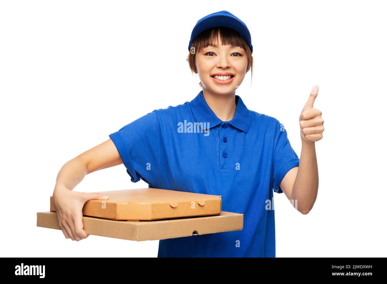 delivery woman with pizza boxes showing thumbs up Stock Photo - Alamy