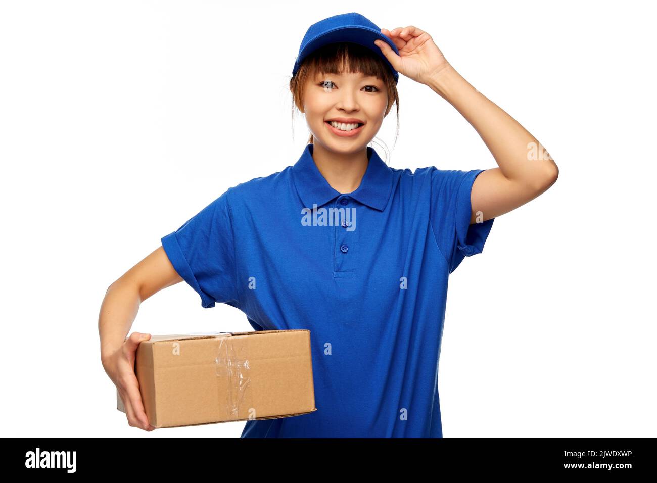 happy smiling delivery woman holding parcel box Stock Photo - Alamy