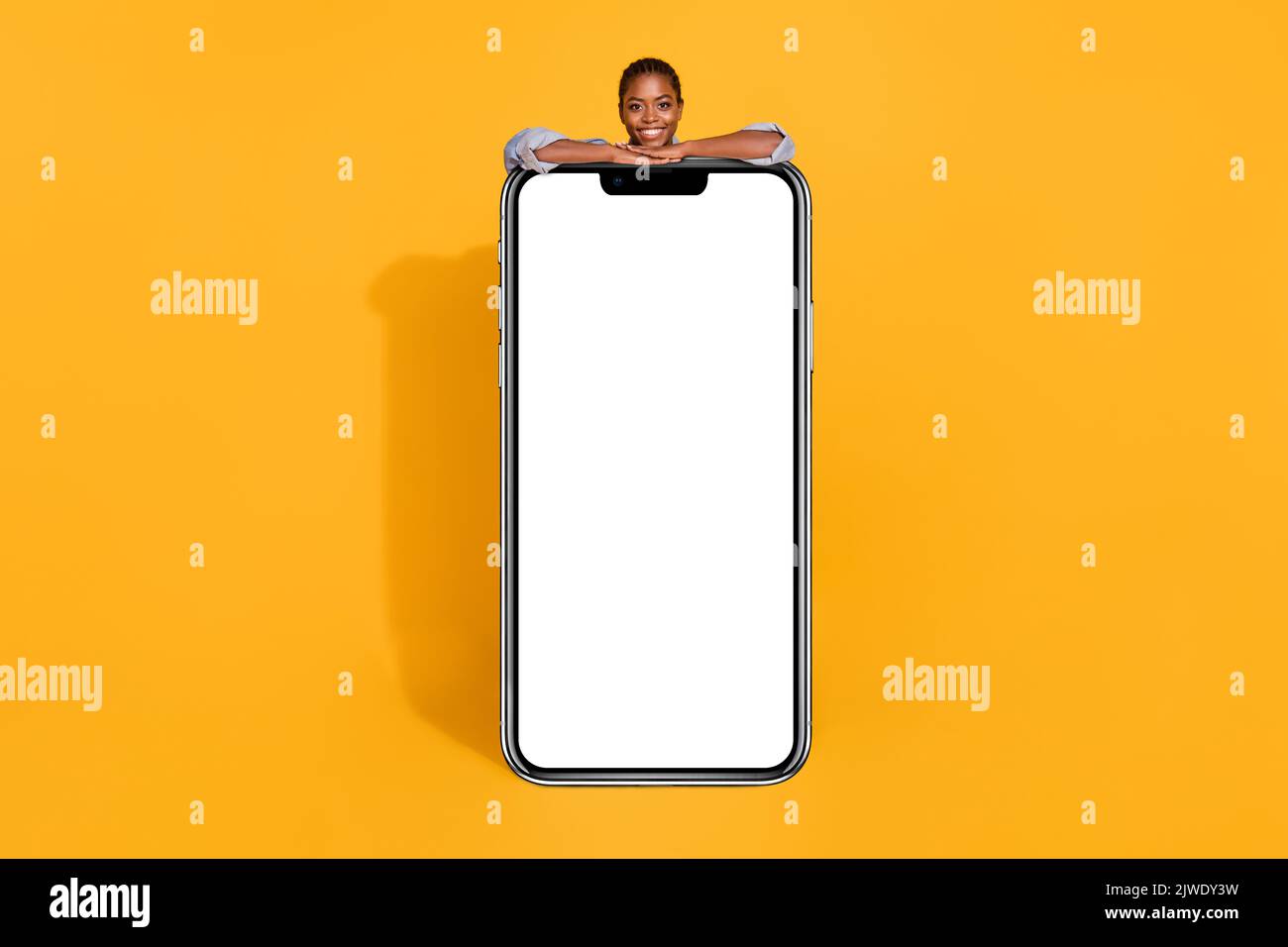 Full size photo of satisfied pretty person empty space blank cover body ...