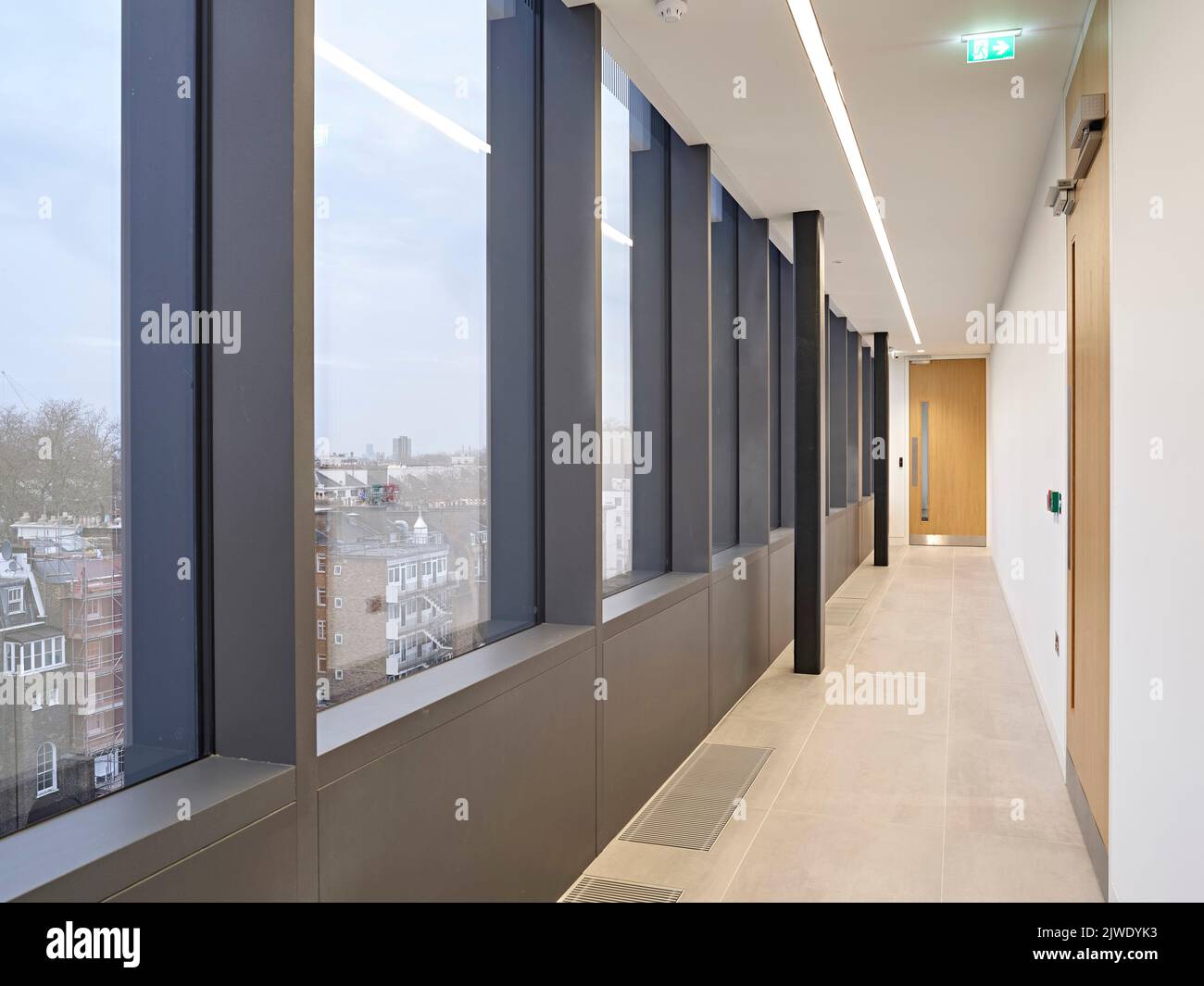 Corridor along upper floor glazing. 50 Eastbourne Terrace, London ...