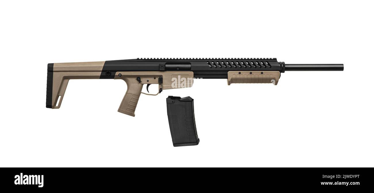 Pump-action 12 gauge shotgun isolated on a white background. A smooth ...