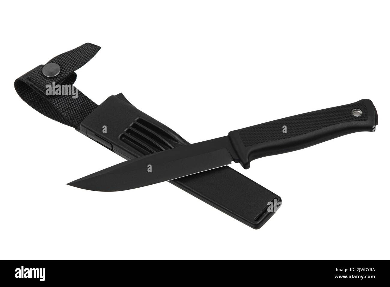 Modern hunting knife with black blade and rubber handle. Steel arms ...