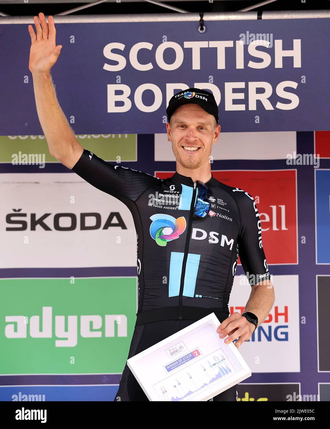 Stage winner Cees Bol of Team DSM on the podium after stage two of the ...